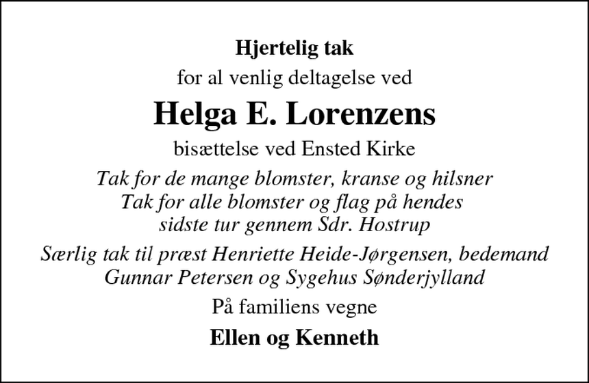 Dødsannonce – Helga E. Lorenzen - Aabenraa | Dødsannoncer.dk