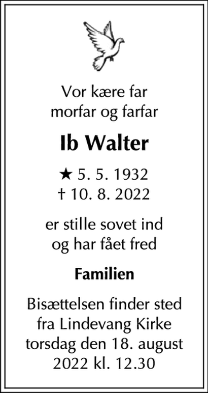 Dødsannonce – Ib Walter - Nexø, Bornholm, Denmark | Dødsannoncer.dk