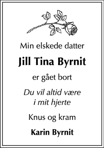 Dødsannonce – Jill Tina Byrnit - Gl. Holte | Dødsannoncer.dk