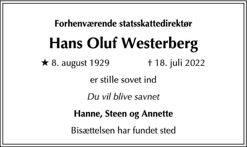 Dødsannonce – Hans Oluf Westerberg - Lyngby | Dødsannoncer.dk
