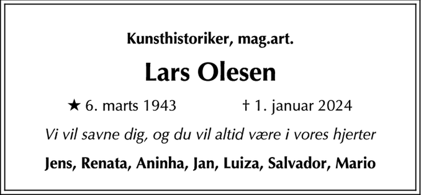 Dødsannonce – Lars Olesen - Hornbæk | Dødsannoncer.dk