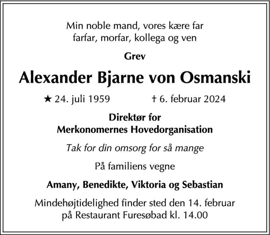 Dødsannonce – Alexander Bjarne von Osmanski - Vipperød | Dødsannoncer.dk