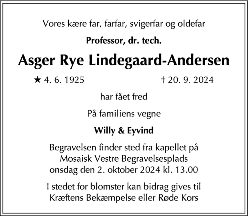 Dødsannonce – Asger Rye Lindegaard-Andersen - Lynge | Dødsannoncer.dk