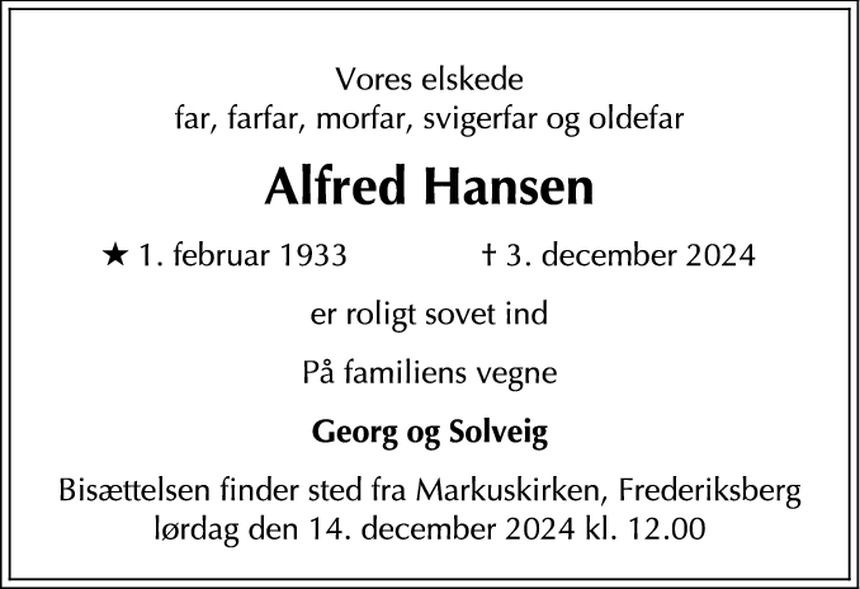 Dødsannonce – Alfred Hansen - København K | Dødsannoncer.dk