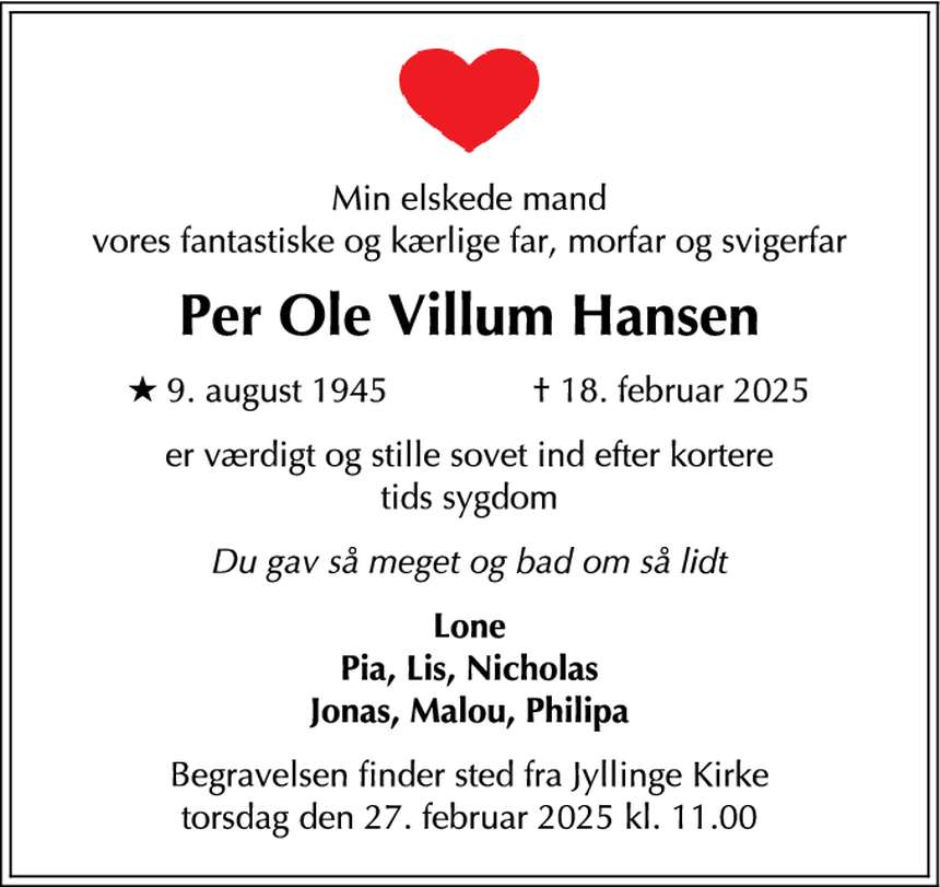 Dødsannonce – Per Ole Villum Hansen - Jyllinge | Dødsannoncer.dk
