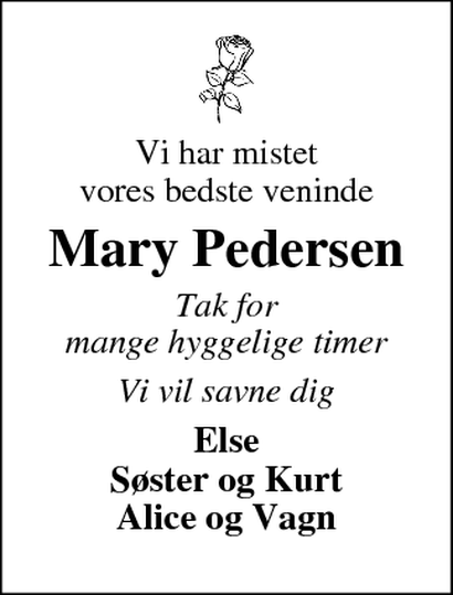 Dødsannonce – Mary Pedersen - Hvide Sande | Dødsannoncer.dk
