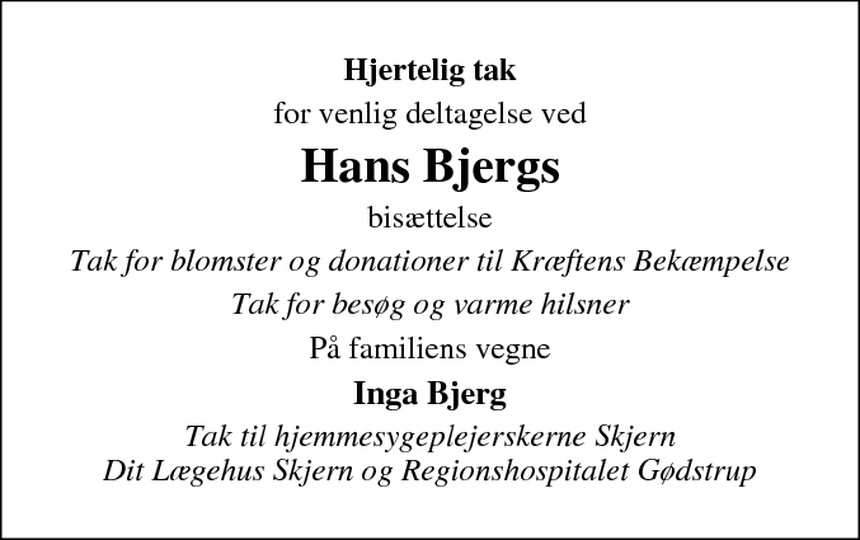 Dødsannonce – Hans Bjerg - Skjern | Dødsannoncer.dk