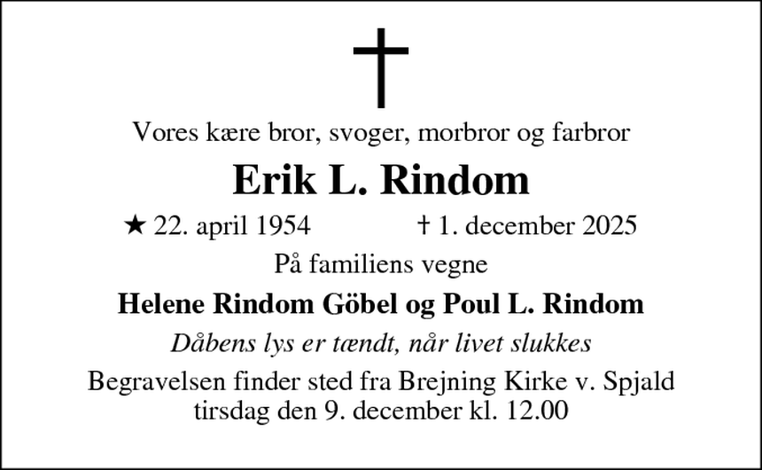 Dødsannonce – Erik L. Rindom - Tannerupmark | Dødsannoncer.dk