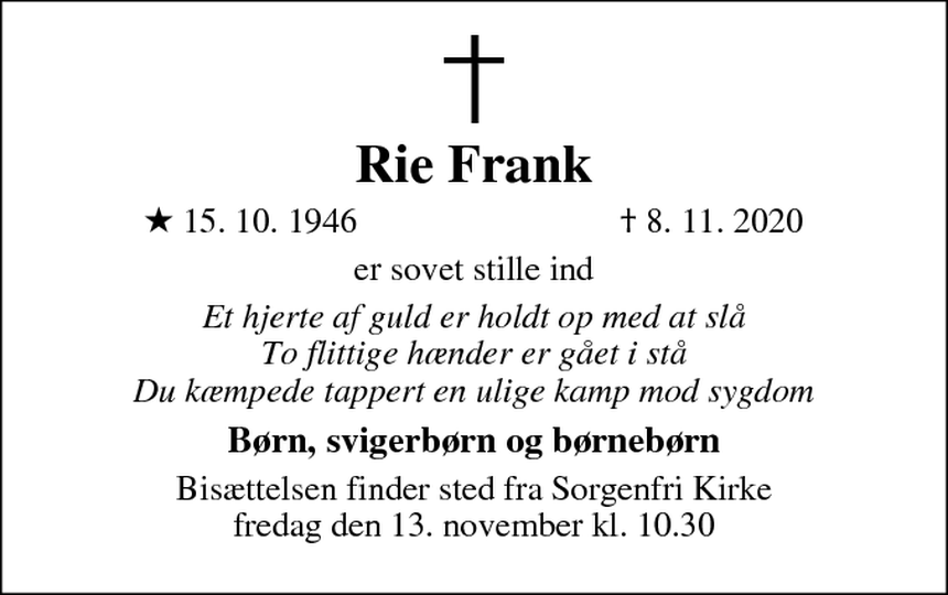 Dødsannonce – Rie Frank - Virum | Dødsannoncer.dk