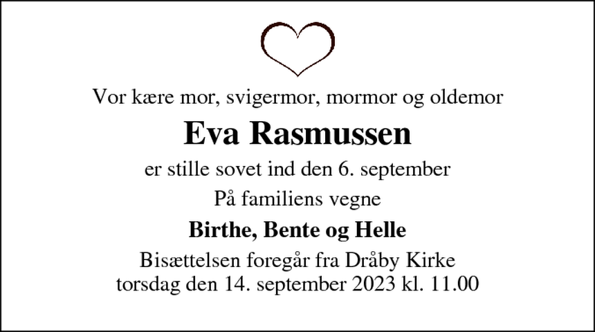 Dødsannonce – Eva Rasmussen - Ebeltoft | Dødsannoncer.dk