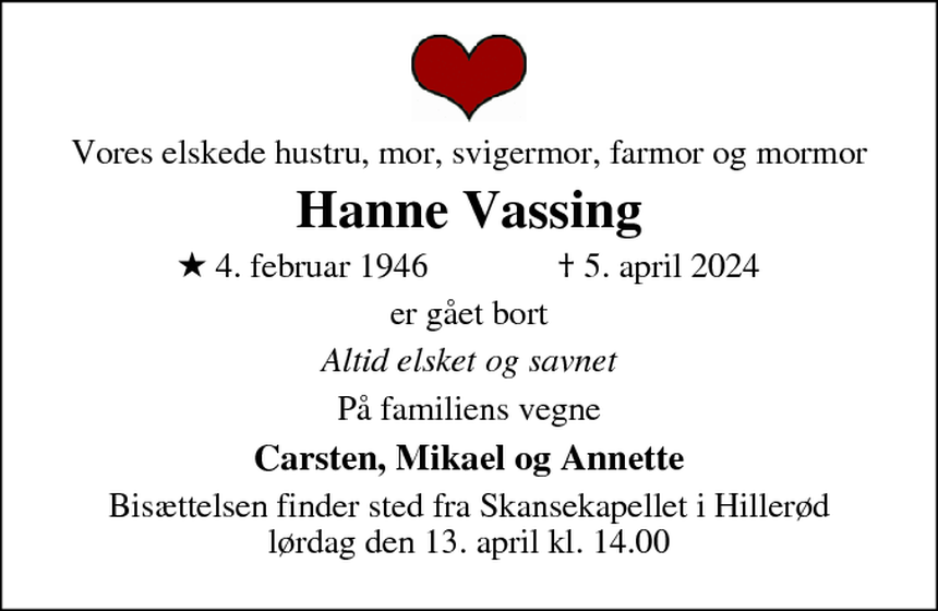Dødsannonce – Hanne Vassing - Hillerød | Dødsannoncer.dk