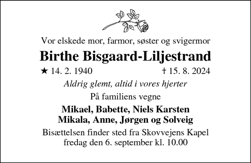 Dødsannonce – Birthe Bisgaard-Liljestrand - Værløse | Dødsannoncer.dk
