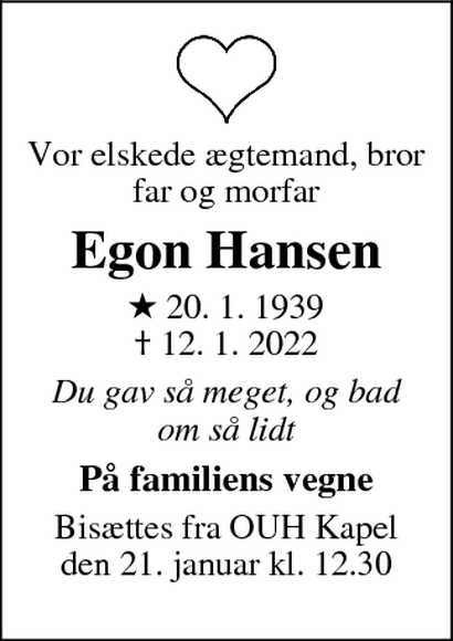 Dødsannonce – Egon Hansen - Odense | Dødsannoncer.dk