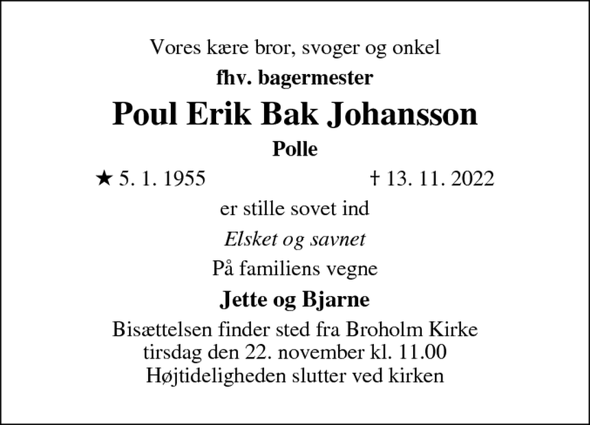 Dødsannonce – Poul Erik Bak Johansson - Nårup | Dødsannoncer.dk