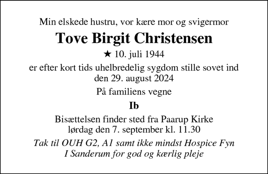 Dødsannonce – Tove Birgit Christensen - Odense | Dødsannoncer.dk