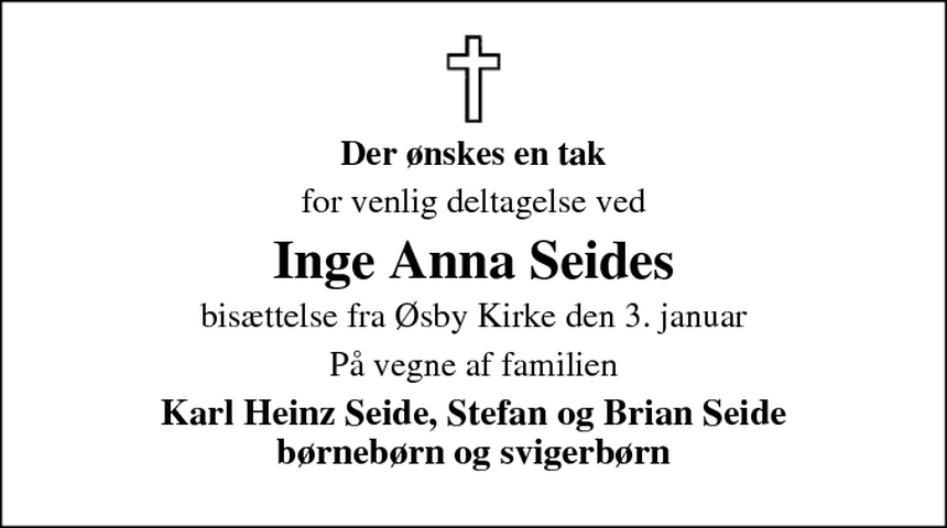 Dødsannonce – Inge Anna Seide - Øsby | Dødsannoncer.dk