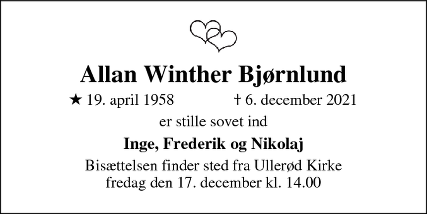 Dødsannonce – Allan Winther Bjørnlund - Hillerød | Dødsannoncer.dk