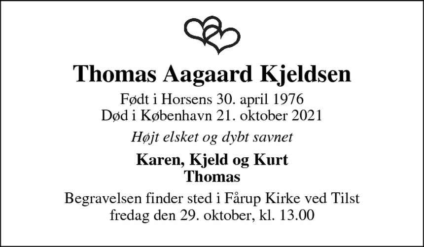 Dødsannonce – Thomas Aagaard Kjeldsen - Horsens | Dødsannoncer.dk