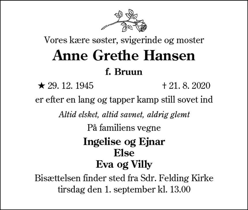 Dødsannonce – Anne Grethe Hansen - Bramming | Dødsannoncer.dk