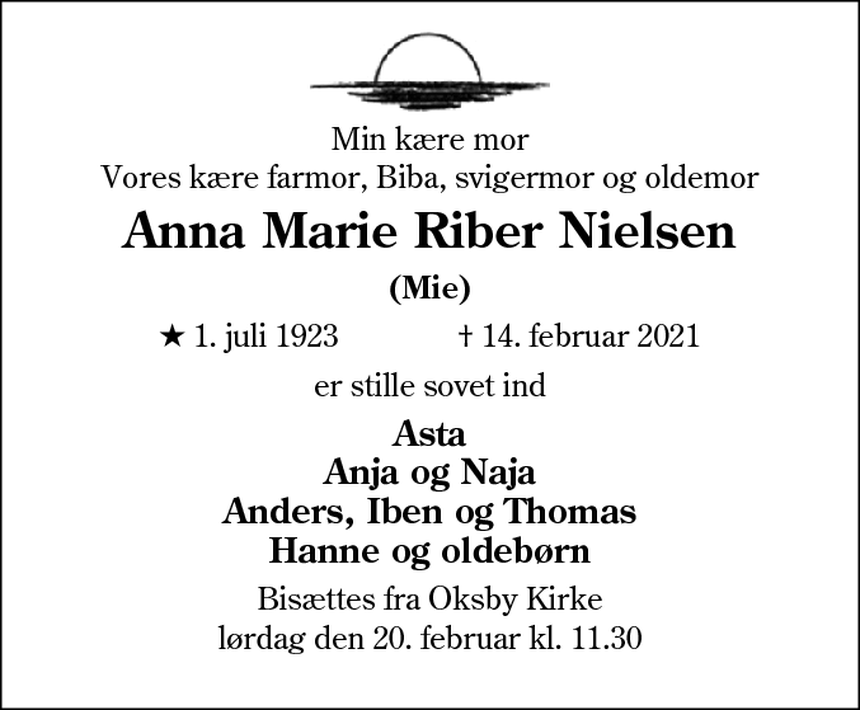 Dødsannonce – Anna Marie Riber Nielsen - 6840 Oksbøl | Dødsannoncer.dk