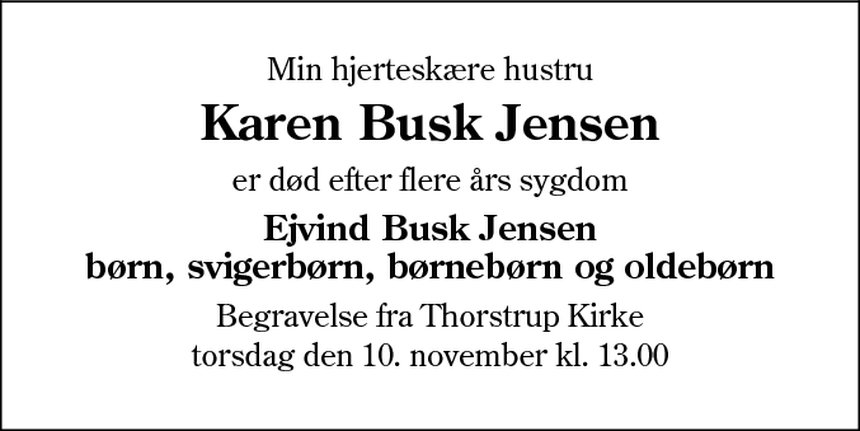 Dødsannonce – Karen Busk Jensen - Thorstrup | Dødsannoncer.dk