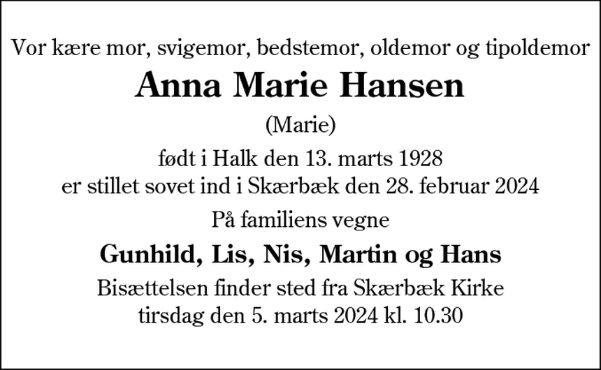 Dødsannonce – Anna Marie Hansen - Tønder | Dødsannoncer.dk