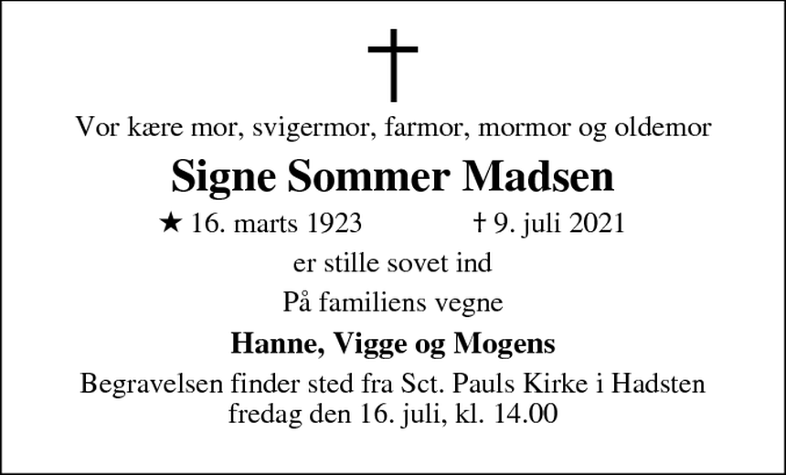 Dødsannonce – Signe Sommer Madsen - Hadsten | Dødsannoncer.dk