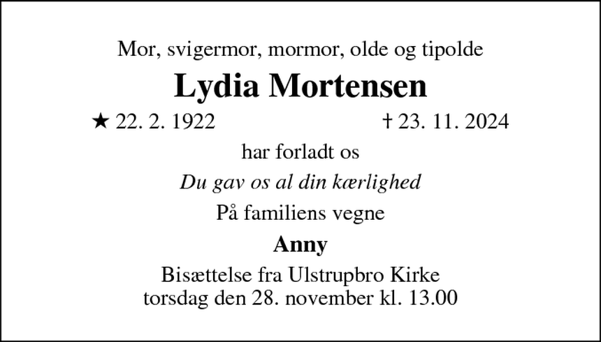 Dødsannonce – Lydia Mortensen - Viborg | Dødsannoncer.dk