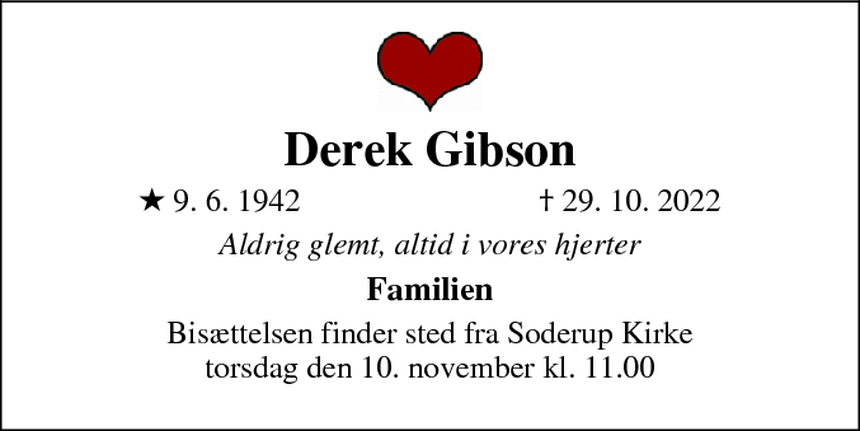 Dødsannonce – Derek Gibson - Tølløse | Dødsannoncer.dk