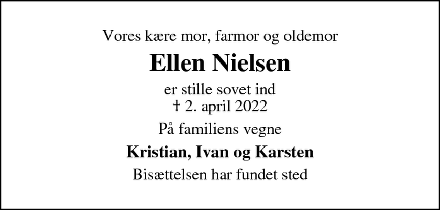 Dødsannonce – Ellen Nielsen - Lemvig | Dødsannoncer.dk
