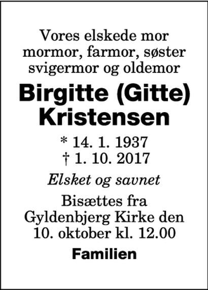 Dødsannonce – Birgitte (Gitte) Kristensen - Orehoved,Nørre Alslev ...