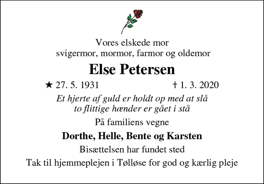 Dødsannonce – Else Petersen - Tølløse | Dødsannoncer.dk