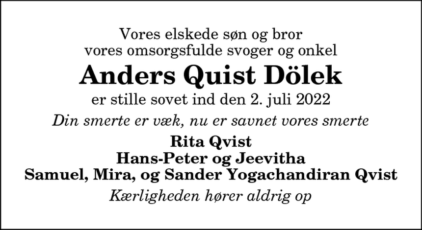 Dødsannonce – Anders Quist Dölek - Vallensbæk | Dødsannoncer.dk