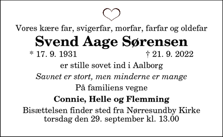 Dødsannonce – Svend Aage Sørensen - Nørresundby | Dødsannoncer.dk