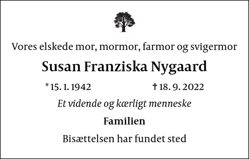 Dødsannonce – Susan Franziska Nygaard - Espergærde | Dødsannoncer.dk
