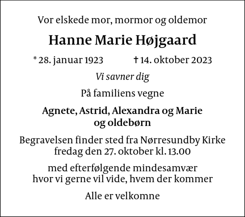 Dødsannonce – Hanne Marie Højgaard - Aalborg | Dødsannoncer.dk