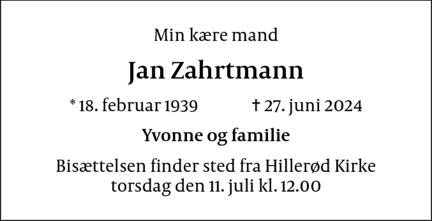 Dødsannonce – Jan Zahrtmann - Hillerød | Dødsannoncer.dk
