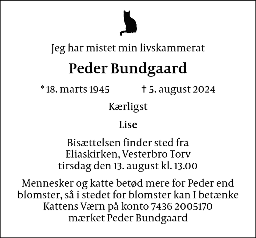 Dødsannonce – Peder Bundgaard - København V Danemark | Dødsannoncer.dk