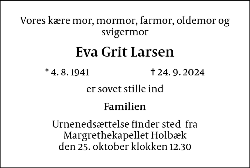 Dødsannonce – Eva Grit Larsen - Odense c | Dødsannoncer.dk