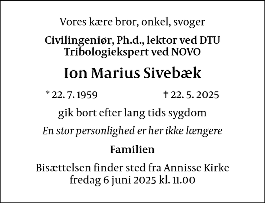 Dødsannonce – Ion Marius Sivebæk - Helsinge | Dødsannoncer.dk
