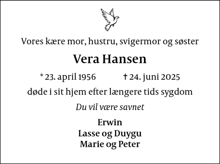 Dødsannonce – Vera Hansen - Lynæs | Dødsannoncer.dk