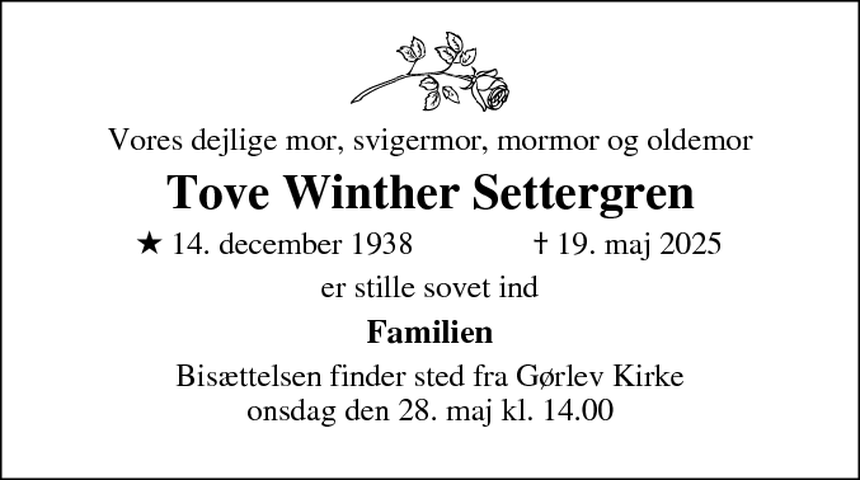 Dødsannonce – Tove Winther Settergren - Gørlev 4281 | Dødsannoncer.dk