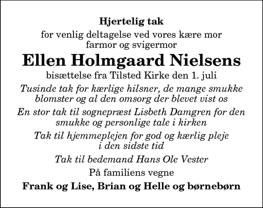 Dødsannonce – Ellen Holmgaard Nielsen - Thisted | Dødsannoncer.dk