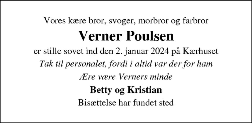 Dødsannonce – Verner Poulsen - Tim | Dødsannoncer.dk