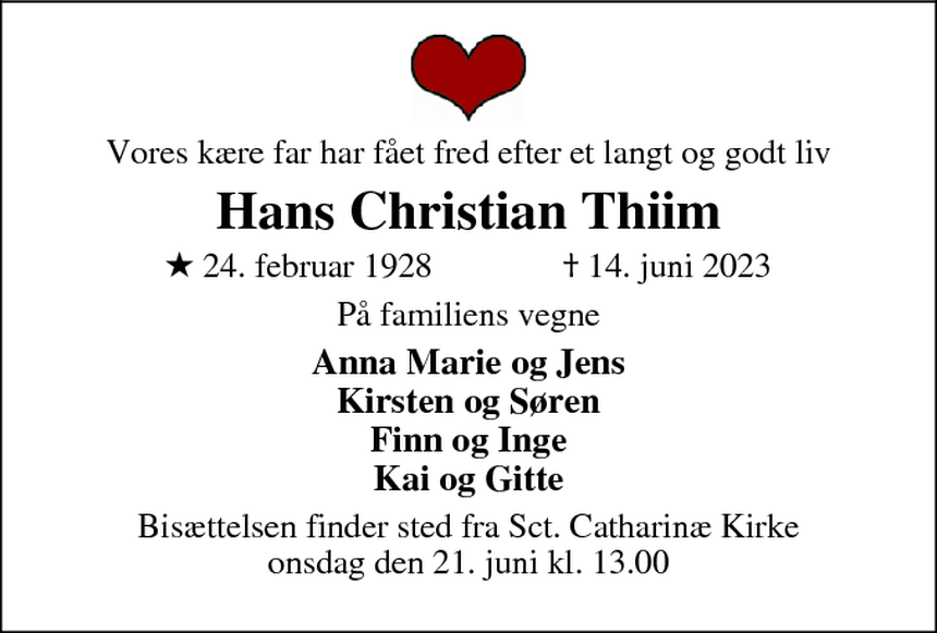 Dødsannonce – Hans Christian Thiim - RIBE | Dødsannoncer.dk