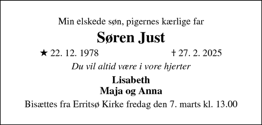 Dødsannonce – Søren Just - Faaborg | Dødsannoncer.dk