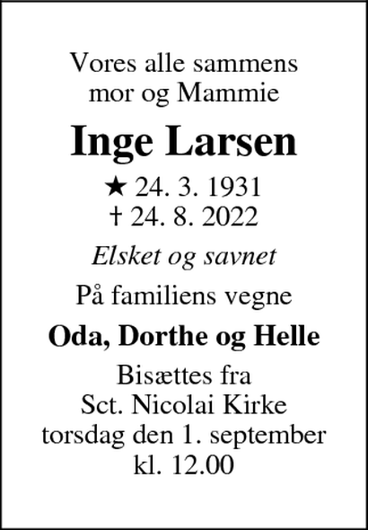 Dødsannonce – Inge Larsen - Svendborg | Dødsannoncer.dk