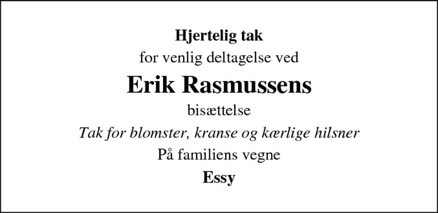Dødsannonce – Erik Rasmussen - Rørkær. 6270 Tønder | Dødsannoncer.dk
