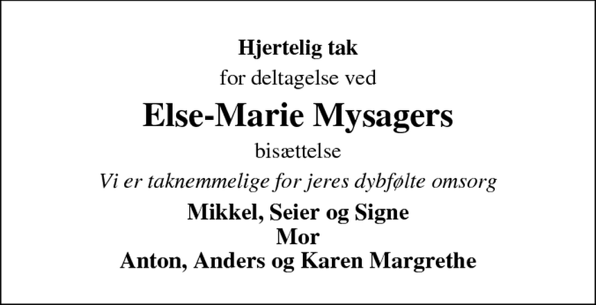 Dødsannonce – Else-Marie Mysagers - Skarp Salling | Dødsannoncer.dk