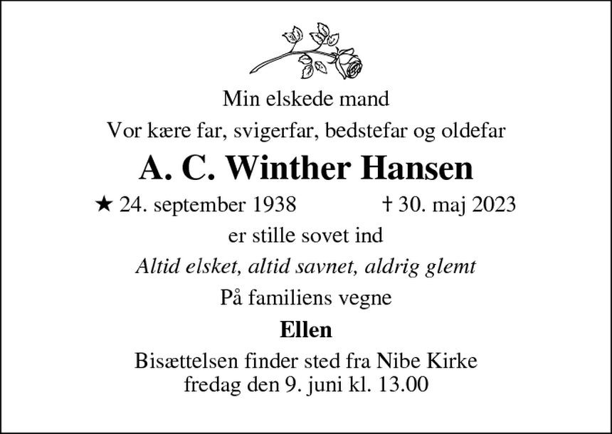 Dødsannonce – A. C. Winther Hansen - Nibe | Dødsannoncer.dk